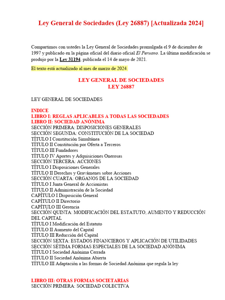 Ley General de Sociedades ACTUALIZADA 24 | PDF | Sociedad de responsabilidad limitada