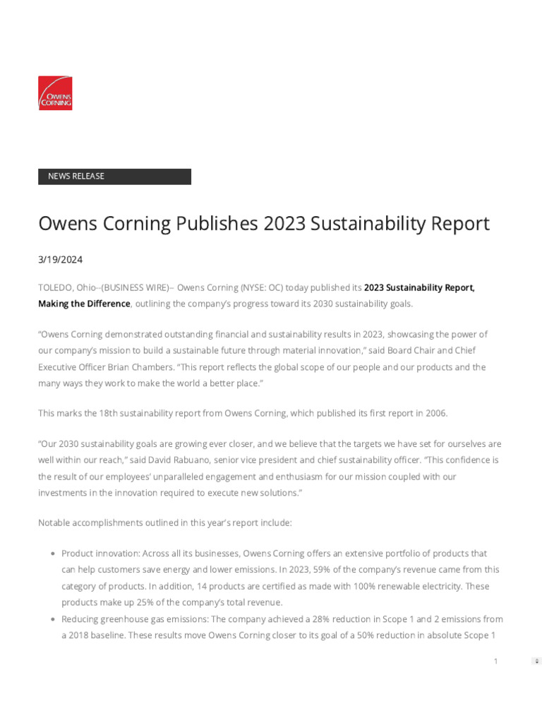 Owens Corning Publishes 2023 Sustainability Report 2024 | PDF ... Owens Corning Publishes 2023 Sustainability Report 2024 | PDF ...