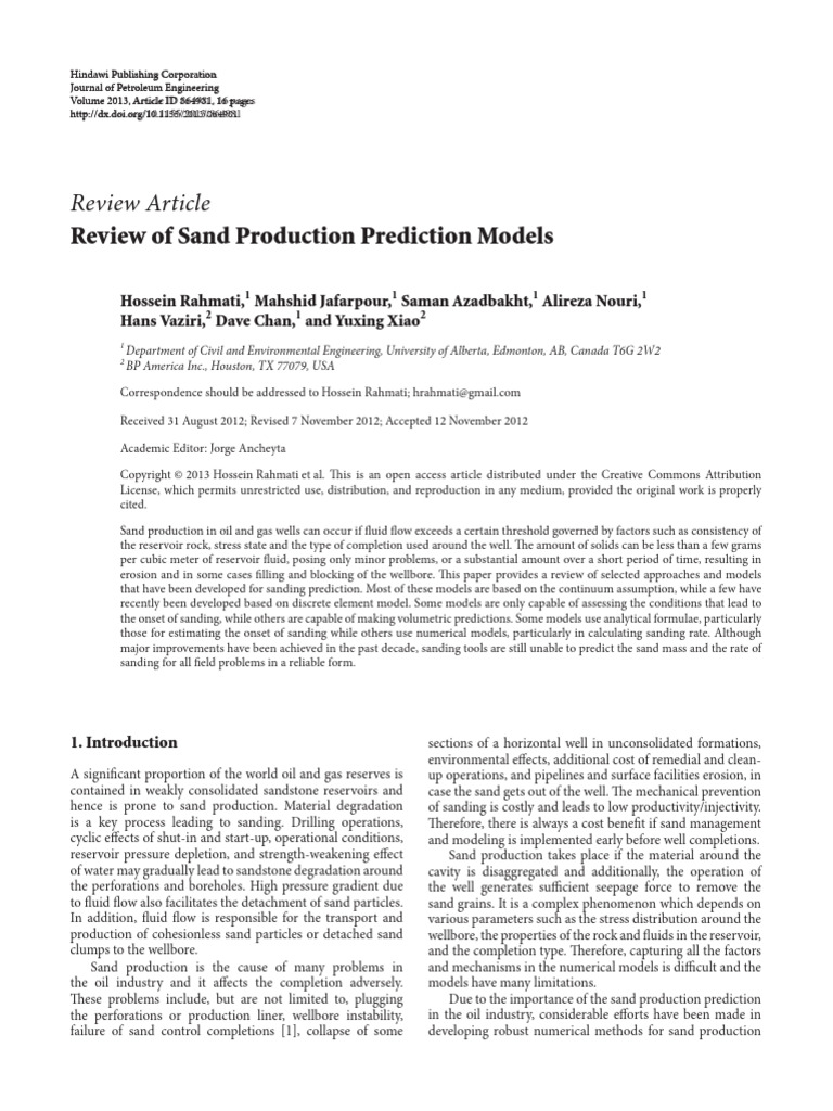 Review of Sand Production Prediction Models | PDF | Stress (Mechanics ...