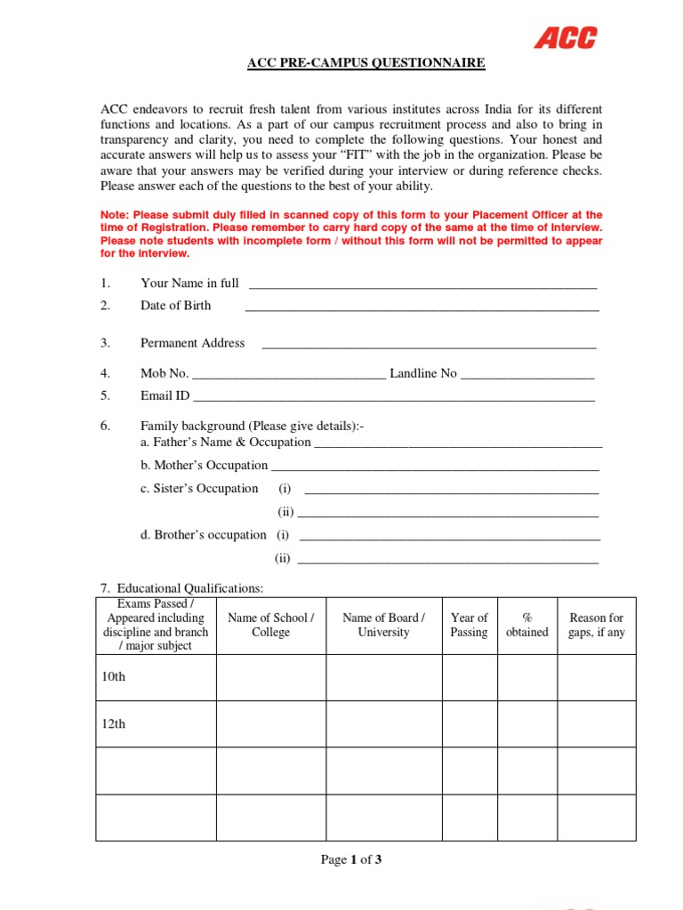 Acc Pre-Employment Questionnaire - 2011-12 | PDF | Cognition | Labour