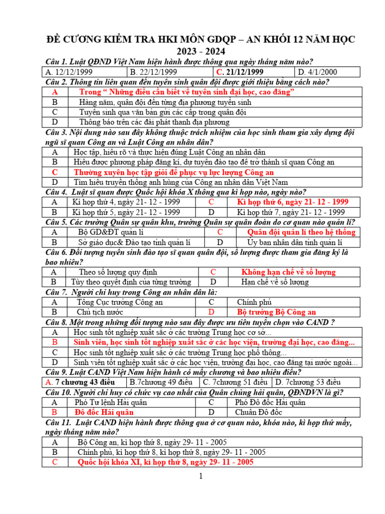 ĐỀ CƯƠNG KIỂM TRA HKI MÔN GDQP k12 | PDF