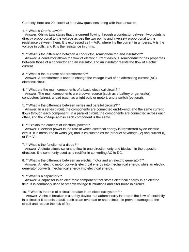 20 Electrical Interview Question | PDF | Electric Current | Passivity ...