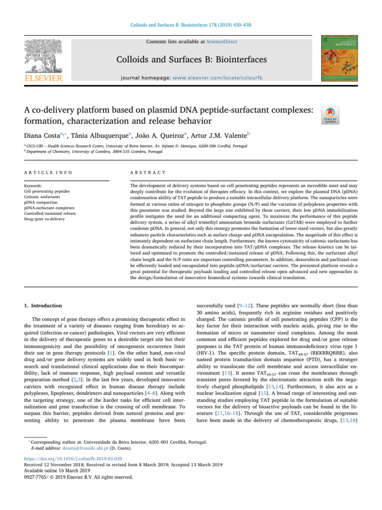 A Co-Delivery Platform Based On Plasmid DNA Peptide-Surfactant ...