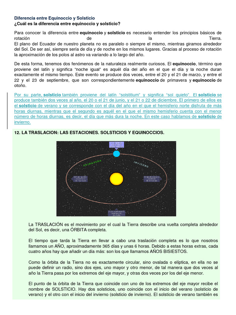 Diferencias Equinoccio y Solsticio | PDF | Invierno | Verano
