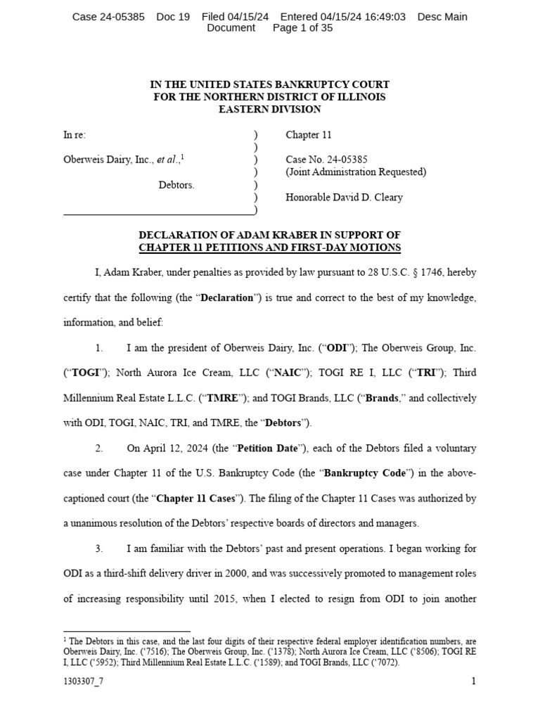 Declaration of Adam Kraber in Support of Chapter 11 Petitions and First ...