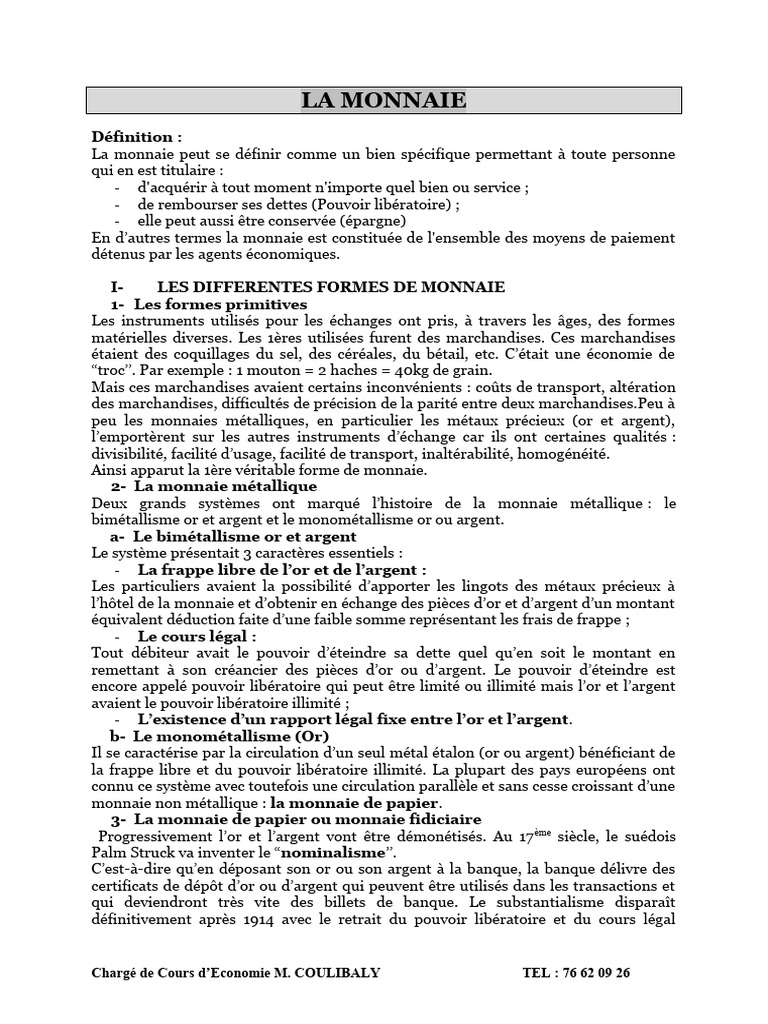 Comprendre les formes et fonctions de la monnaie | PDF | Masse ...