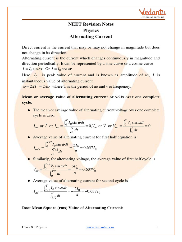 Revision Notes on Alternating Current for NEET 2023 - Free PDF Download ...