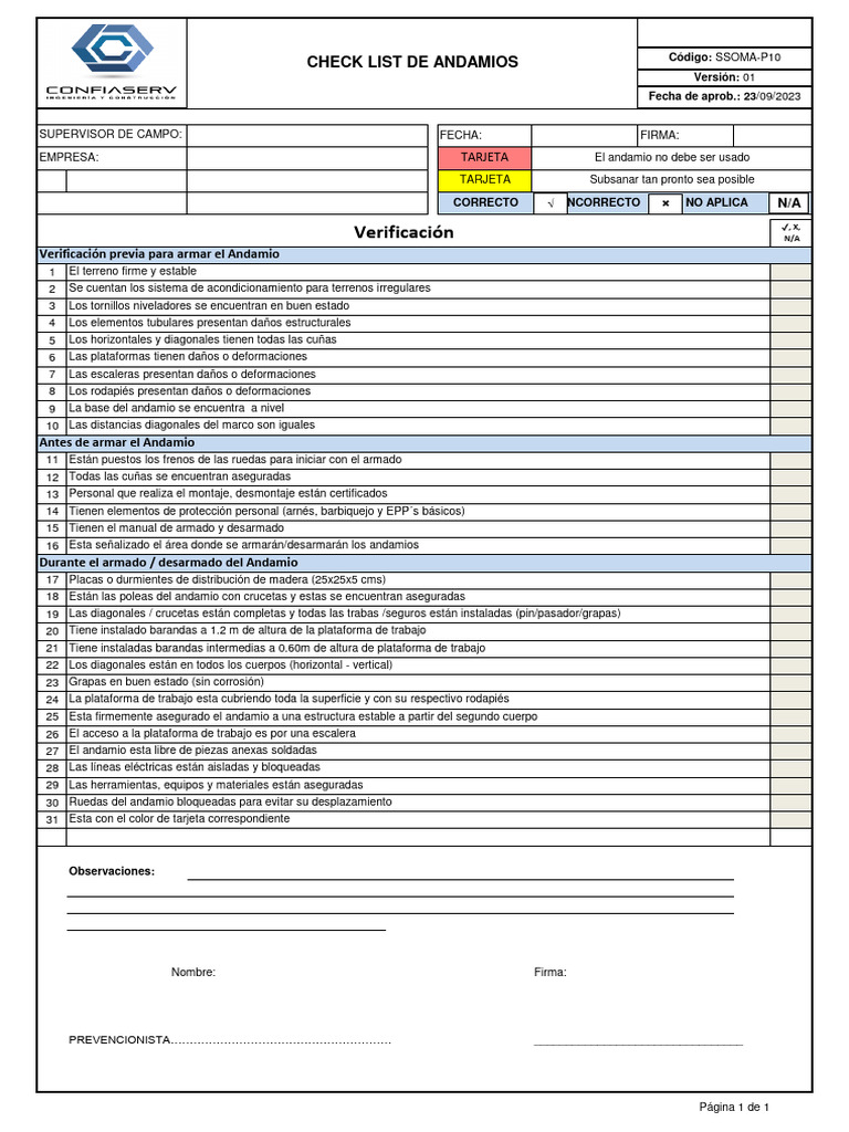 Check List Andamios | Descargar gratis PDF | Andamio