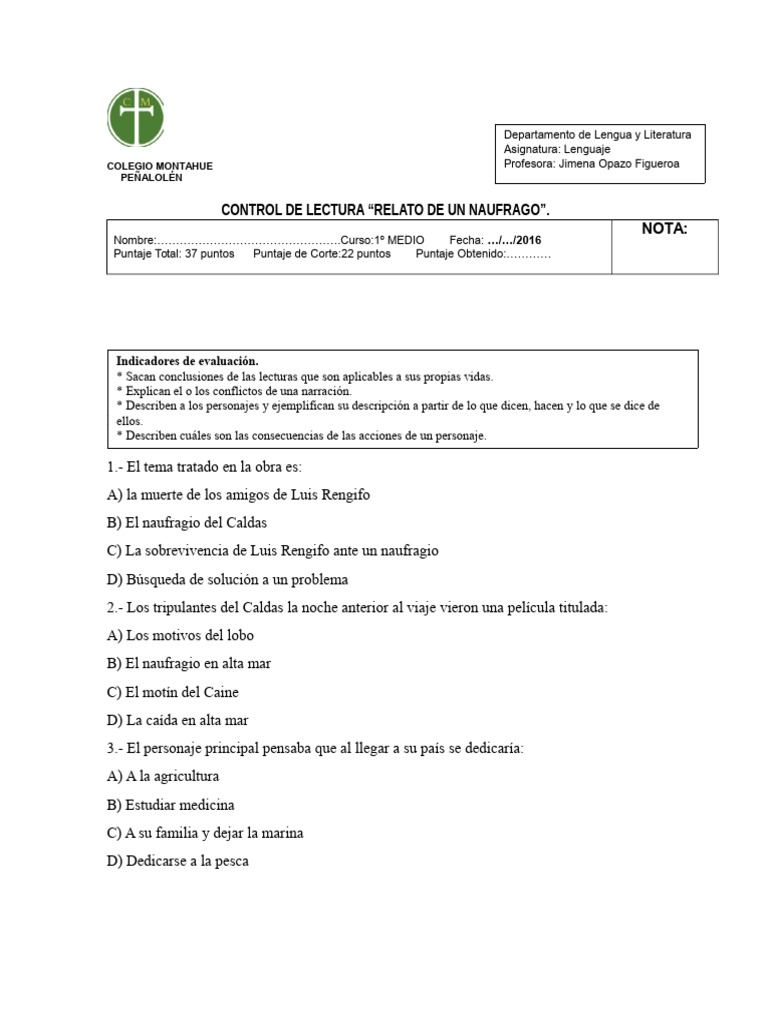 Control de Lectura: Relato de un Náufrago | PDF | Ficción general