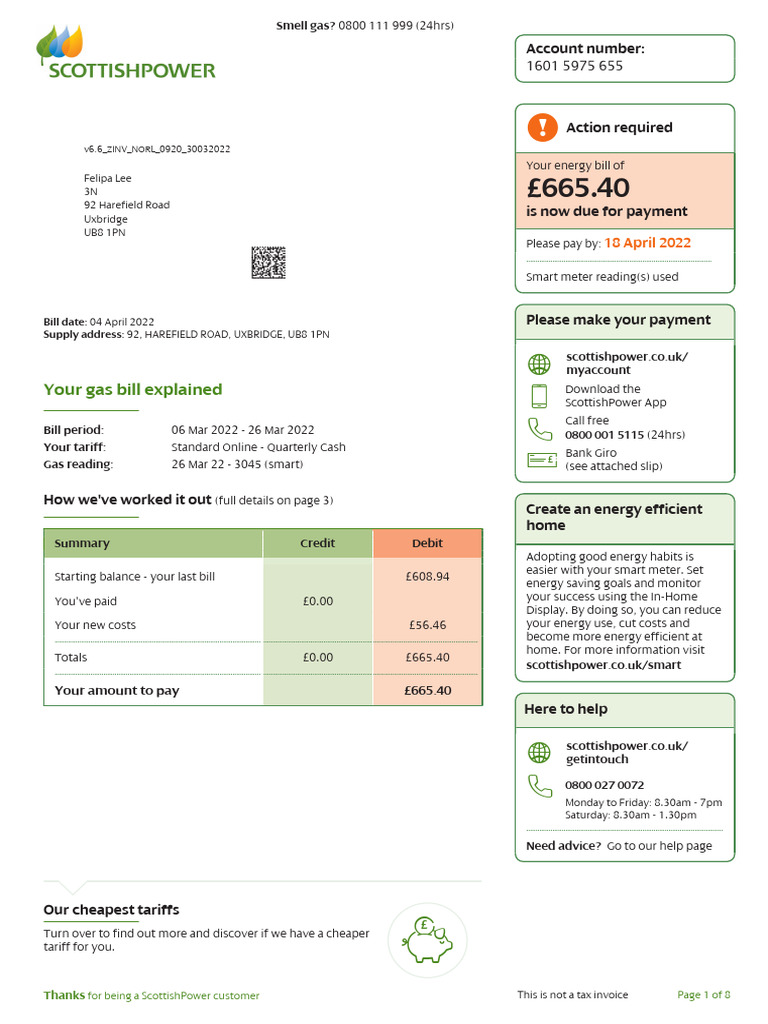 ScottishPower Energy Bill Summary | PDF | Cheque | Payments