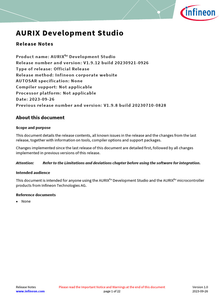 Infineon-AURIX Development Studio ReleaseNote-GettingStarted-v01 99-EN ...