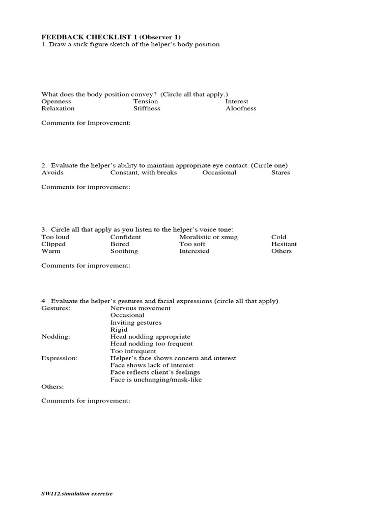 Feedback Checklist Form | PDF | Psychology | Psychological Concepts