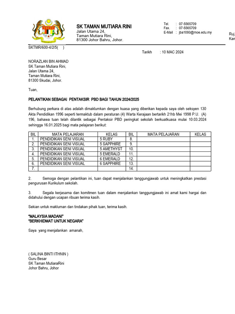 Surat Lantikan PBD 2024 | PDF