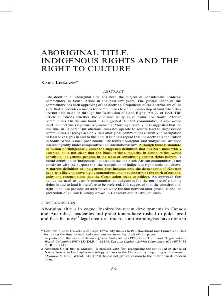 Aboriginal Title, Indigenous Rights and The Right To Culture | PDF ...