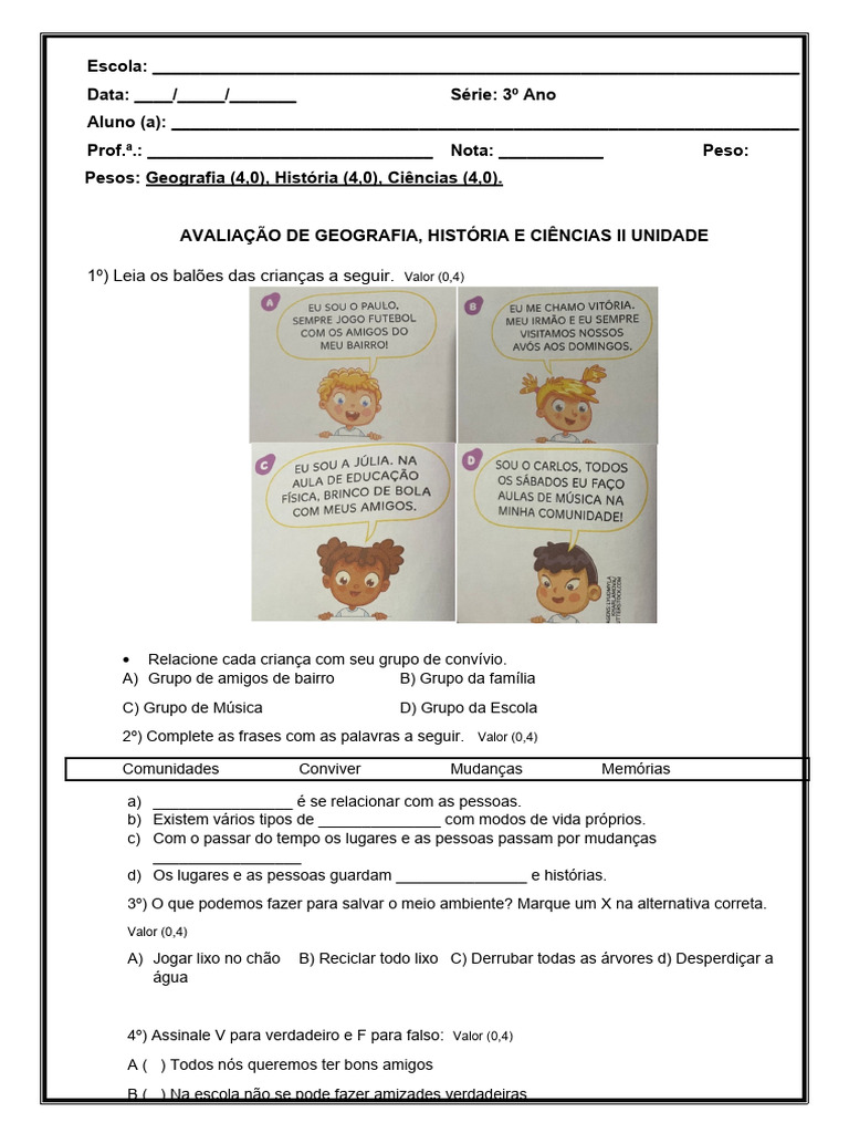 Avaliação de Geografia, História e Ciências 3º Ano 2023 | PDF