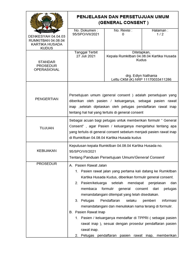 Spo Penjelasan Dan Persetujuan Umum General Consent New | PDF | Hukum