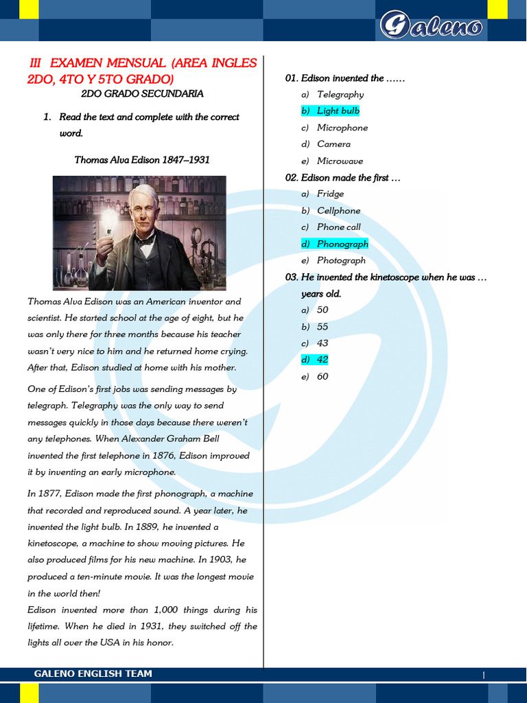 English Exam | Download Free PDF | Thomas Edison | Telephone