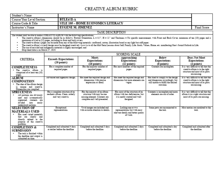 RUBRIC For CREATIVE ALBUM - STLE 105 | PDF