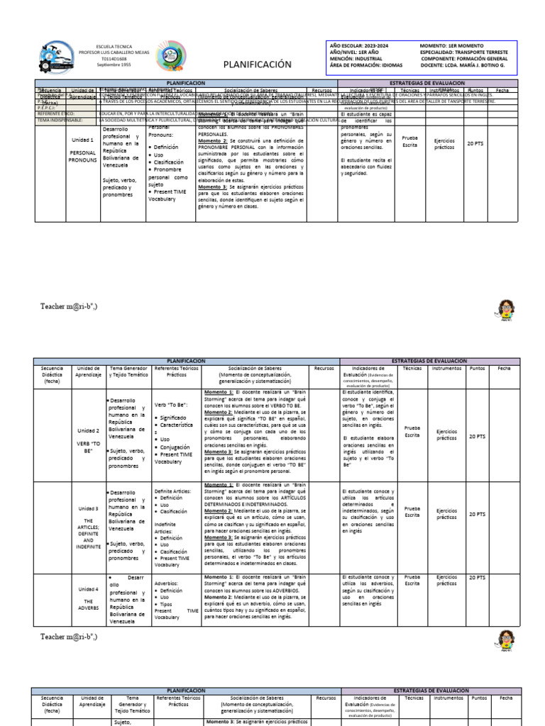 1ero C - 1er Lapso 2023-2024 | PDF | Evaluación | Verbo