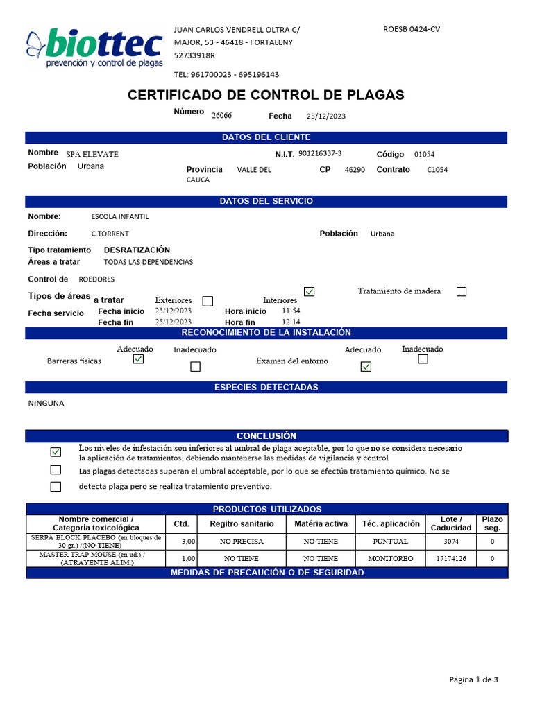 Certificado de Control de Plagas | PDF