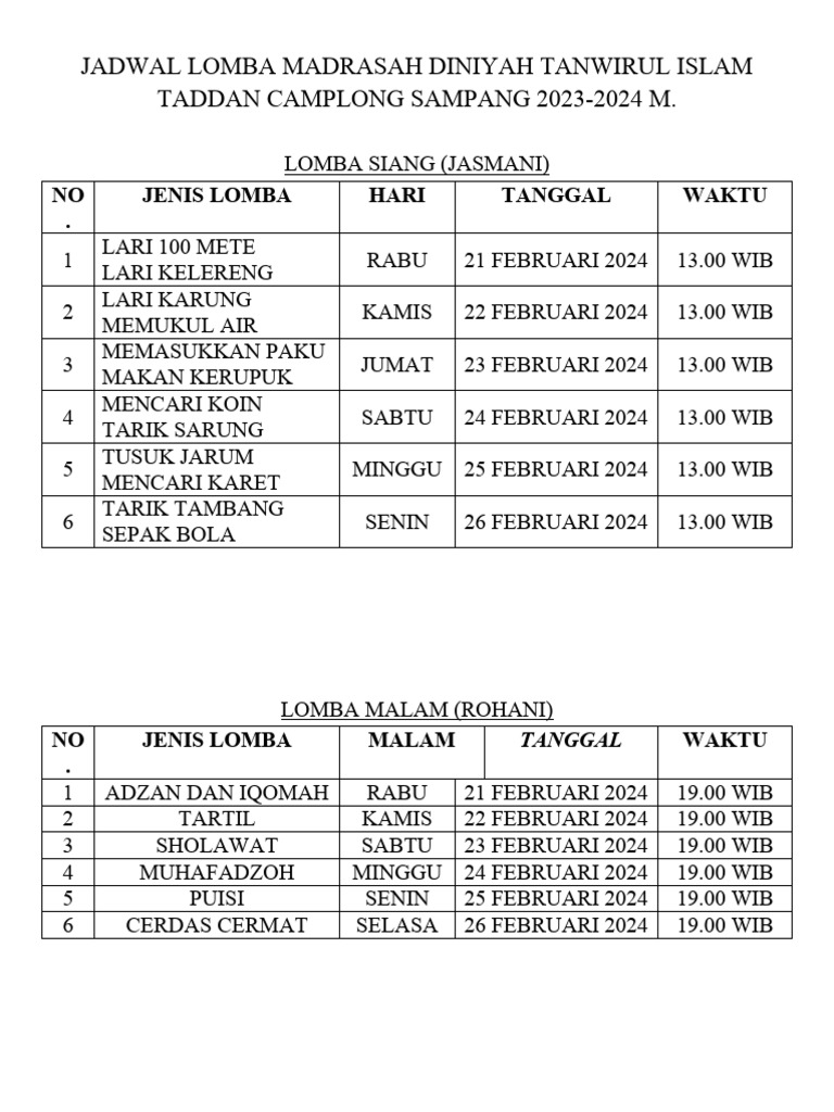 Jadwal Lomba Madrasah 2023-2024 | PDF