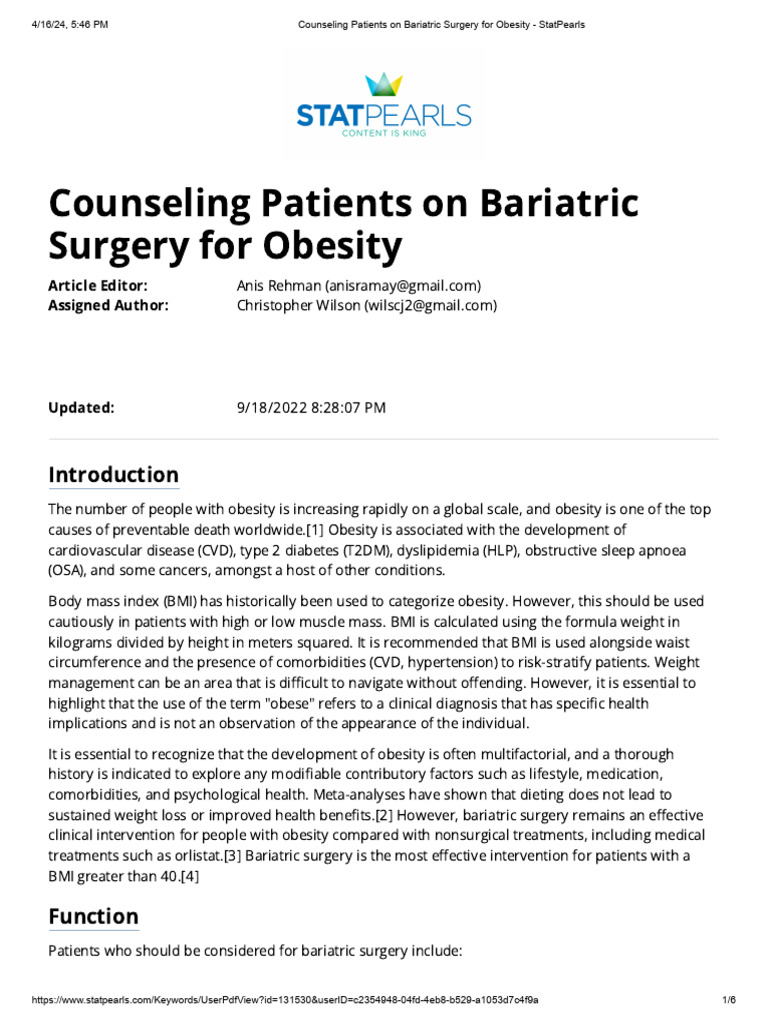 Counseling Patients On Bariatric Surgery For Obesity | PDF | Bariatric ...