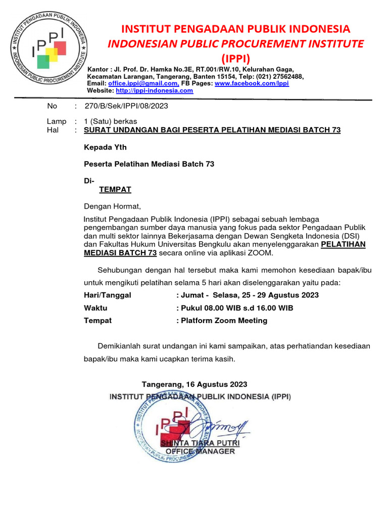 Surat Peserta Pelatihan Mediasi Batch 73 | PDF