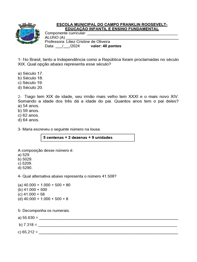 Avaliação de Matemática 4p 1b | PDF