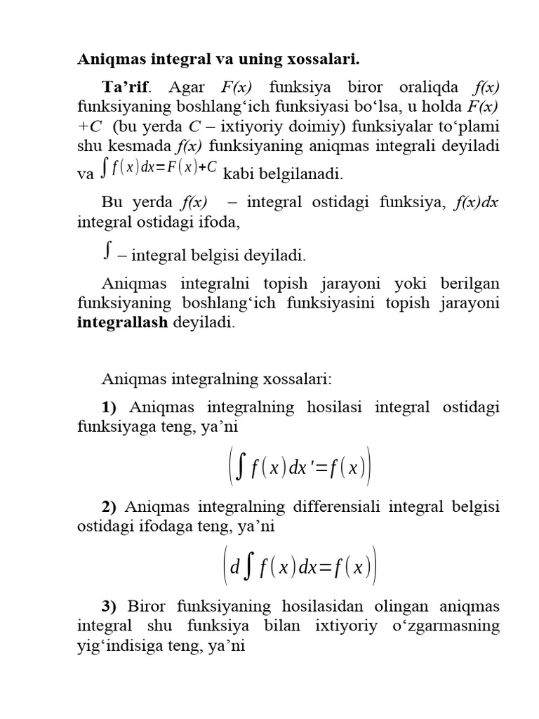 Aniqmas Integral Va Uning Xossalari. Ta'rif | PDF