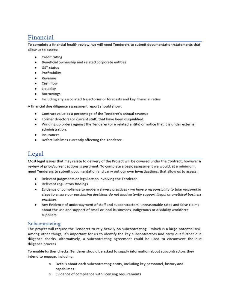 Tender Review Due Diligence | PDF | Due Diligence | Business Law