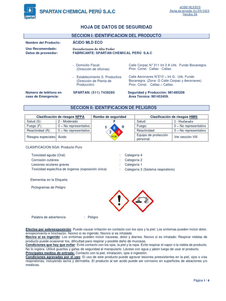 Acido MLD Eco - FDS | PDF | Agua | Combustión