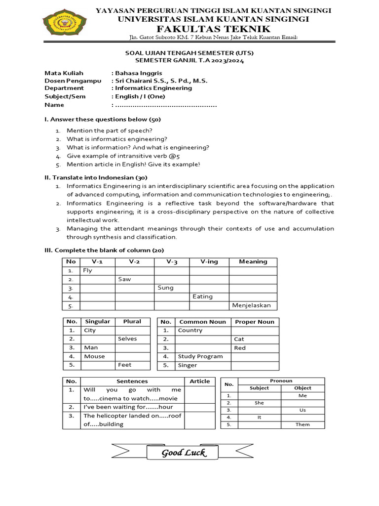 Mid-Exam Ganjil 2023-2024 | PDF | Syntax | Linguistic Morphology