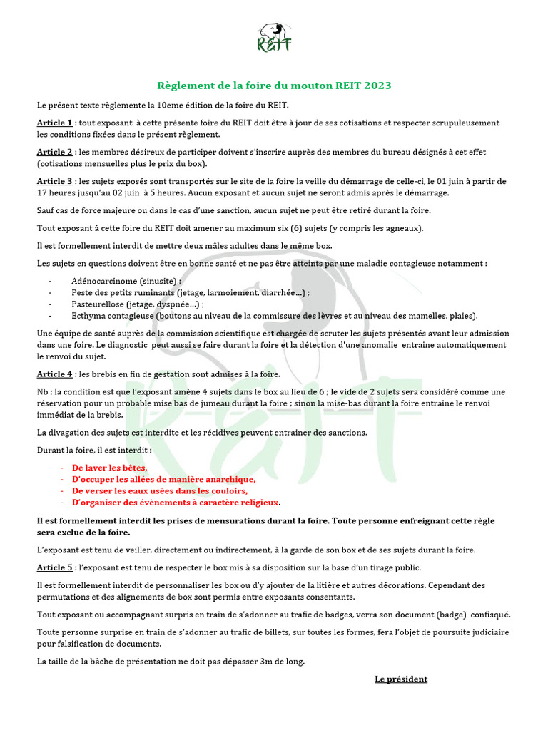 Règlement Foire du Mouton REIT 2023 | PDF | Maladies et troubles
