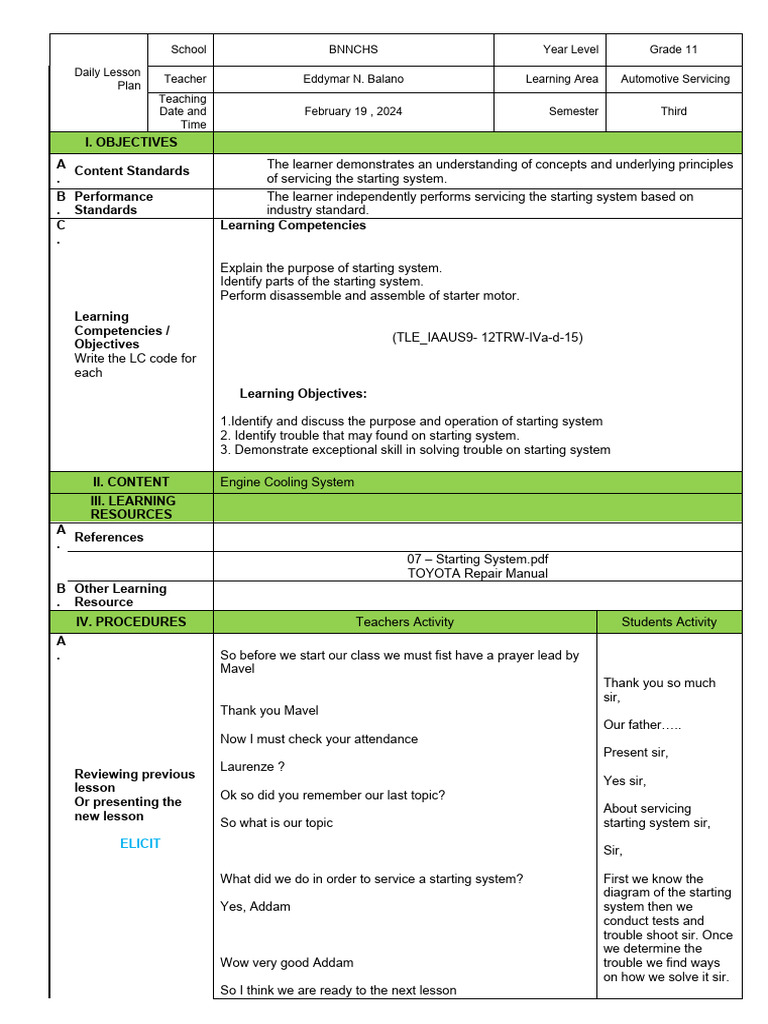 Lesson Plan Sss LO 2. | PDF | Electric Motor | Gear