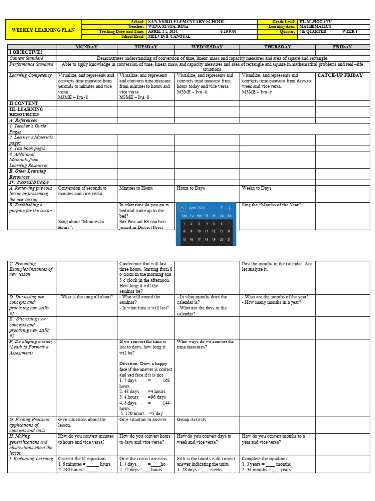 Grade 3 Math Weekly Plan | PDF | Learning | Teaching