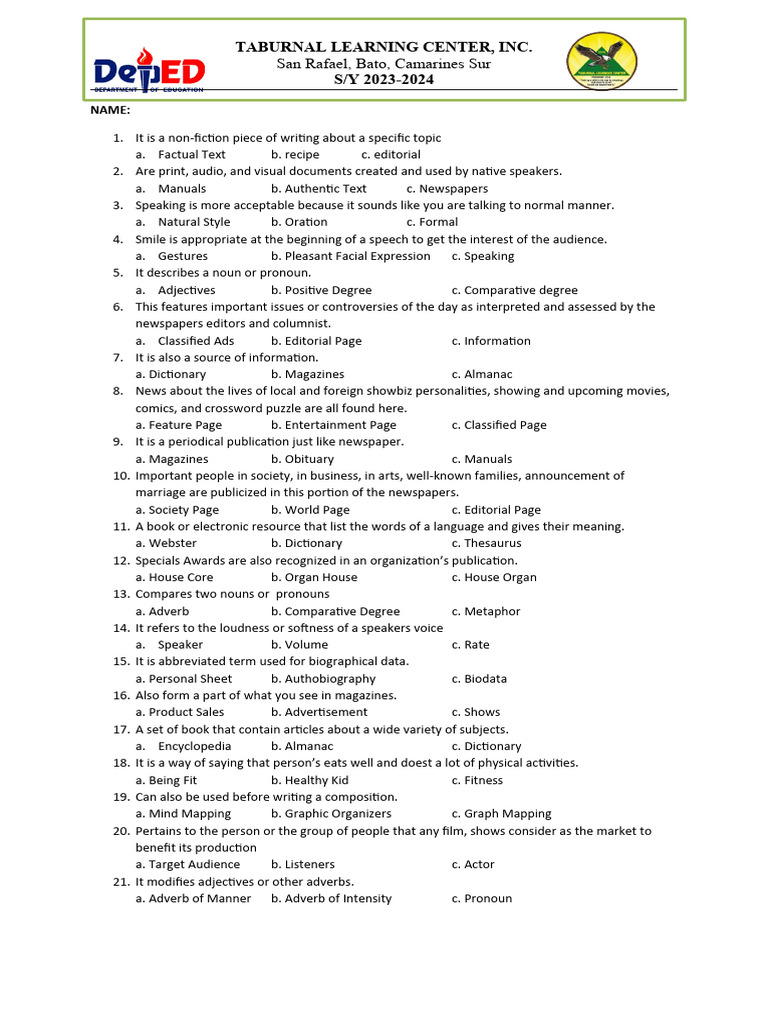 Quiz g6 | PDF | Adverb | Adjective