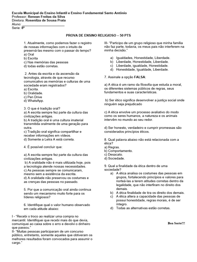 Prova 3b 8 Ano - Religiao | PDF | Moralidade | Sociedade