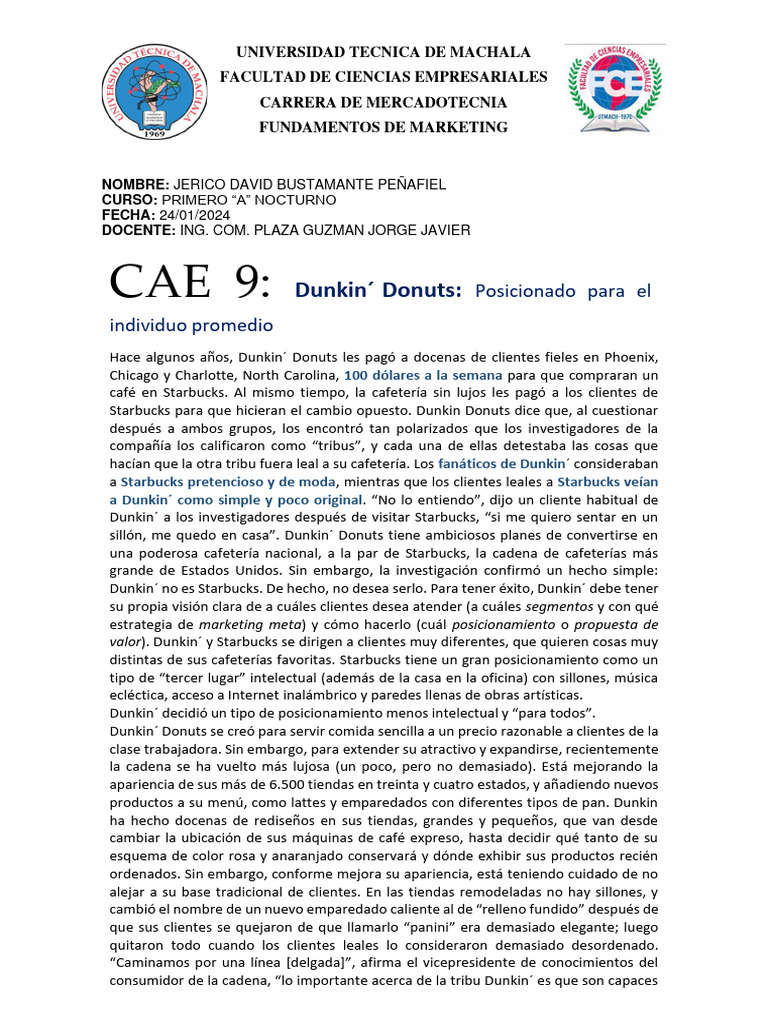 CAE # 9 DUNKIN DONUTS - Diferenciación y Posicionamiento 209 | PDF | Marketing | Starbucks