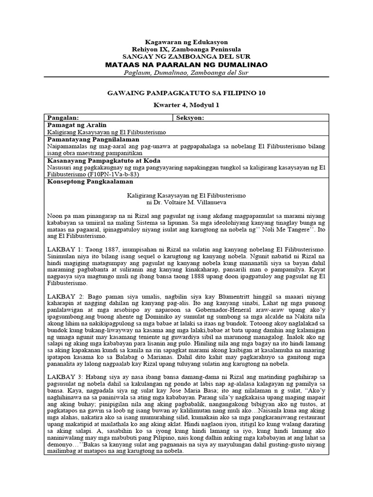 FIL 10 - Kwarter 4, Modyul 1 (LAS) | PDF