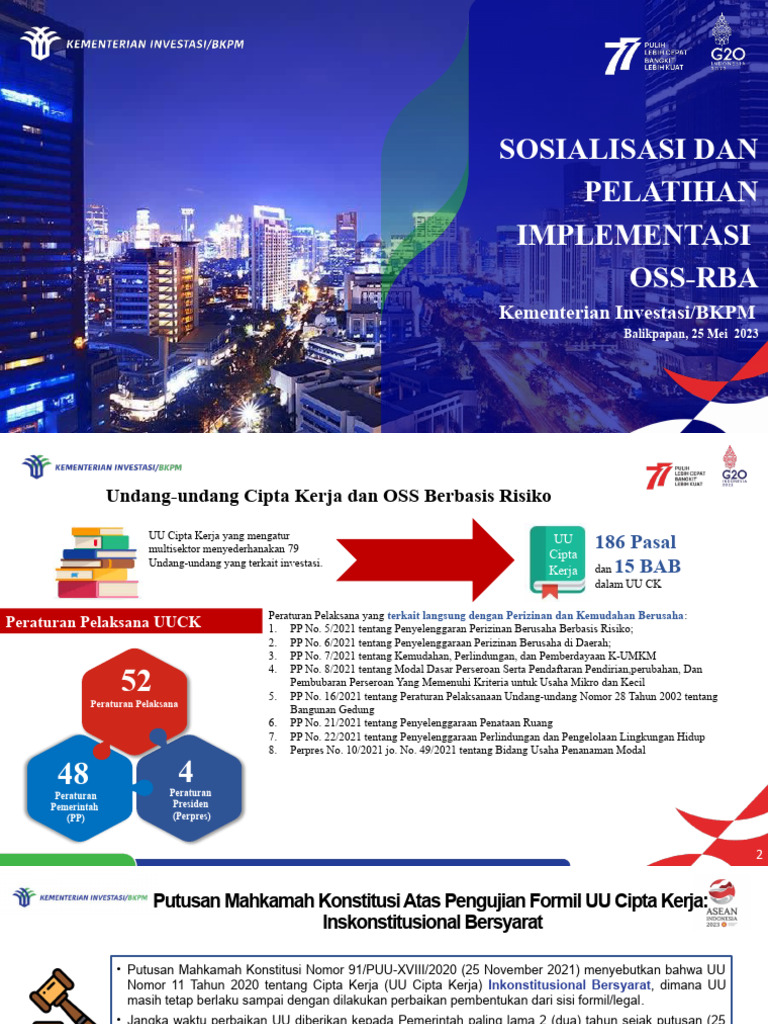 Paparan Sosialisasi Dan Pelatihan Implementasi OSS RBA Balikpapan 24 Mei 2023 | PDF