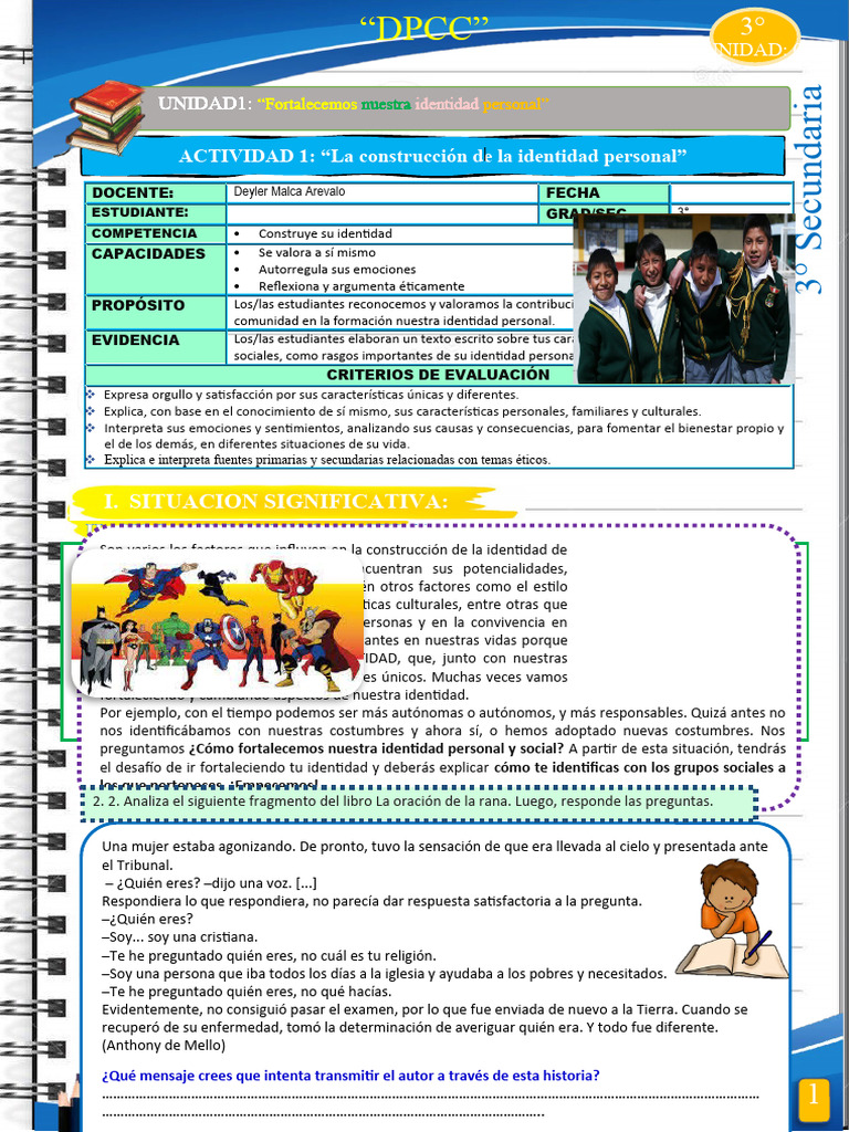 3° DPCC - Actv.01-Unid.1 2023 | PDF | Autoconcepto | Adultos