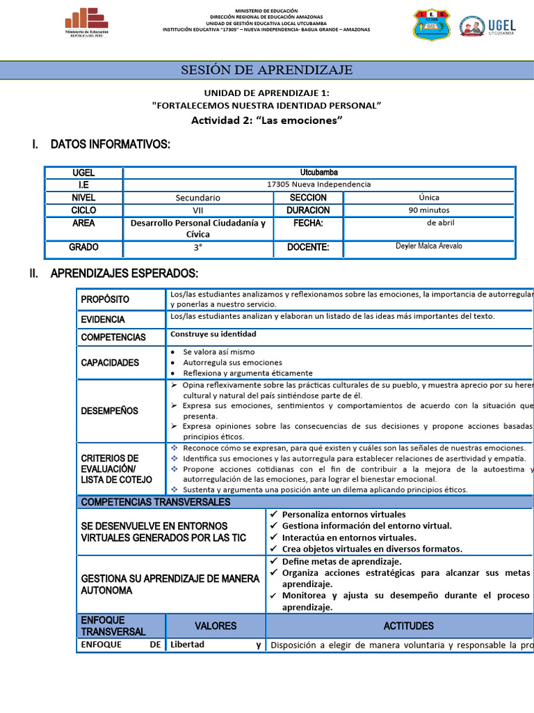 Sesión de Aprendizaje.2docx | PDF | Las emociones | Aprendizaje