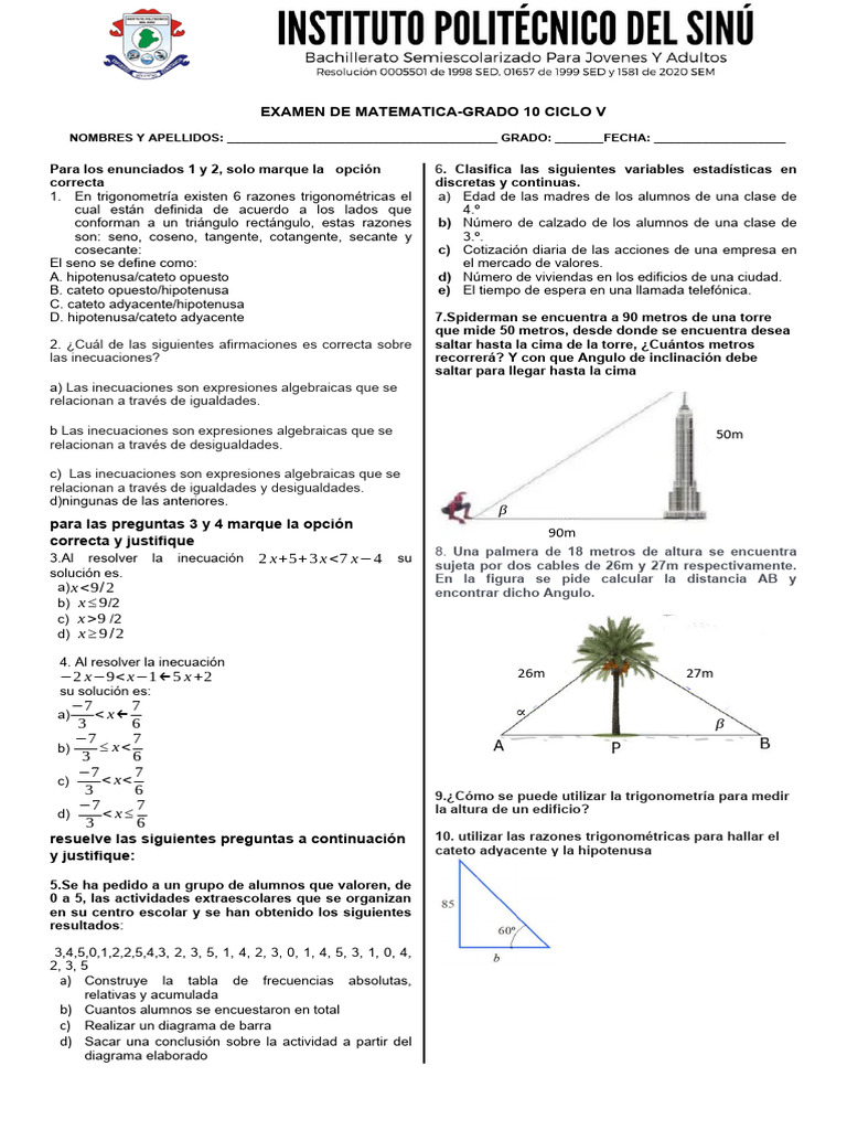 examenes-matematica-grado 10-1 | PDF | Funciones trigonométricas ...