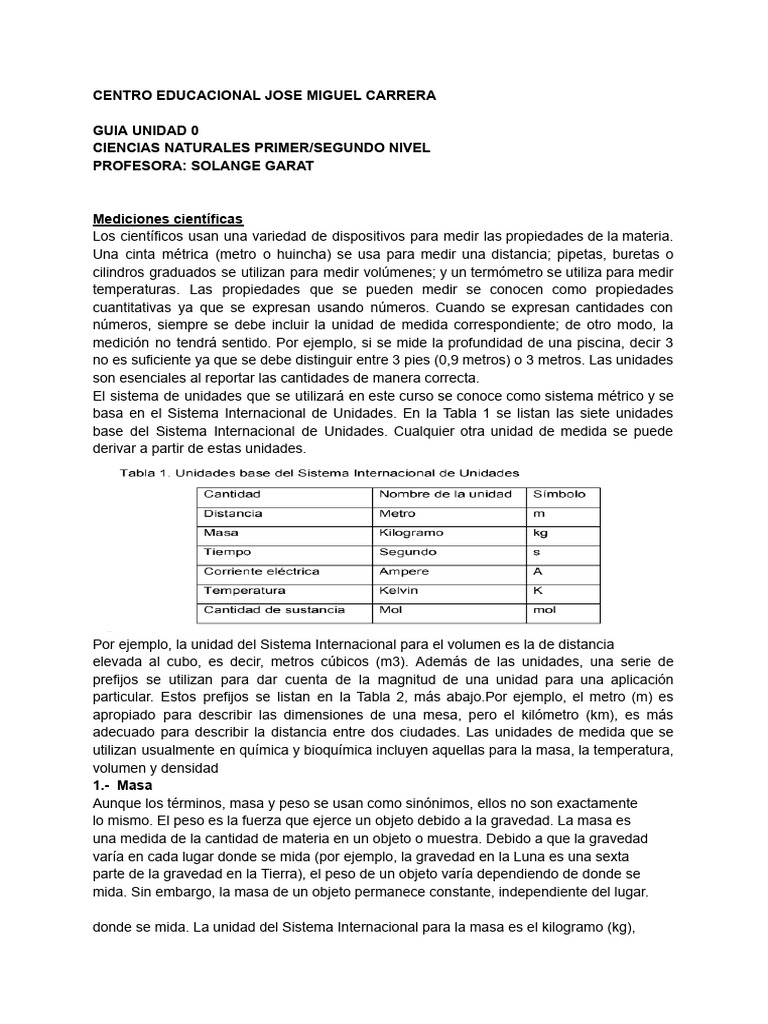 Guia Unidad 0 Ciencias Nat-1nm-2nm | PDF | Masa | Volumen