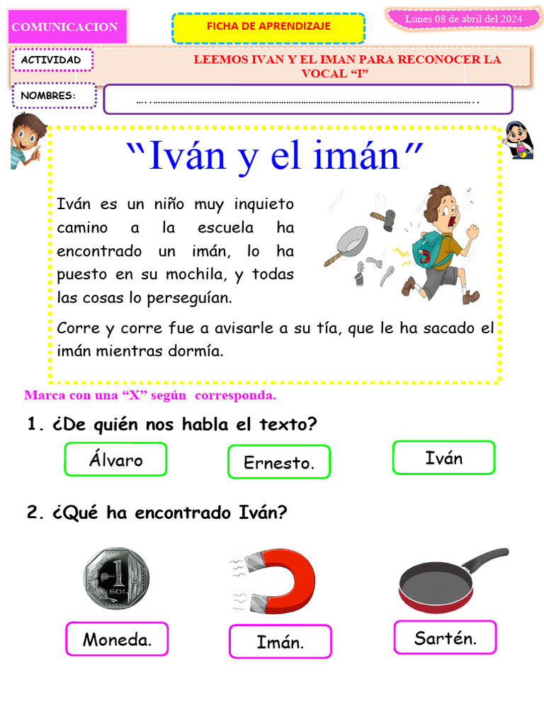 F. Comunicacion Leemos Ivan y El Iman para Reconocer La Vocal I | PDF