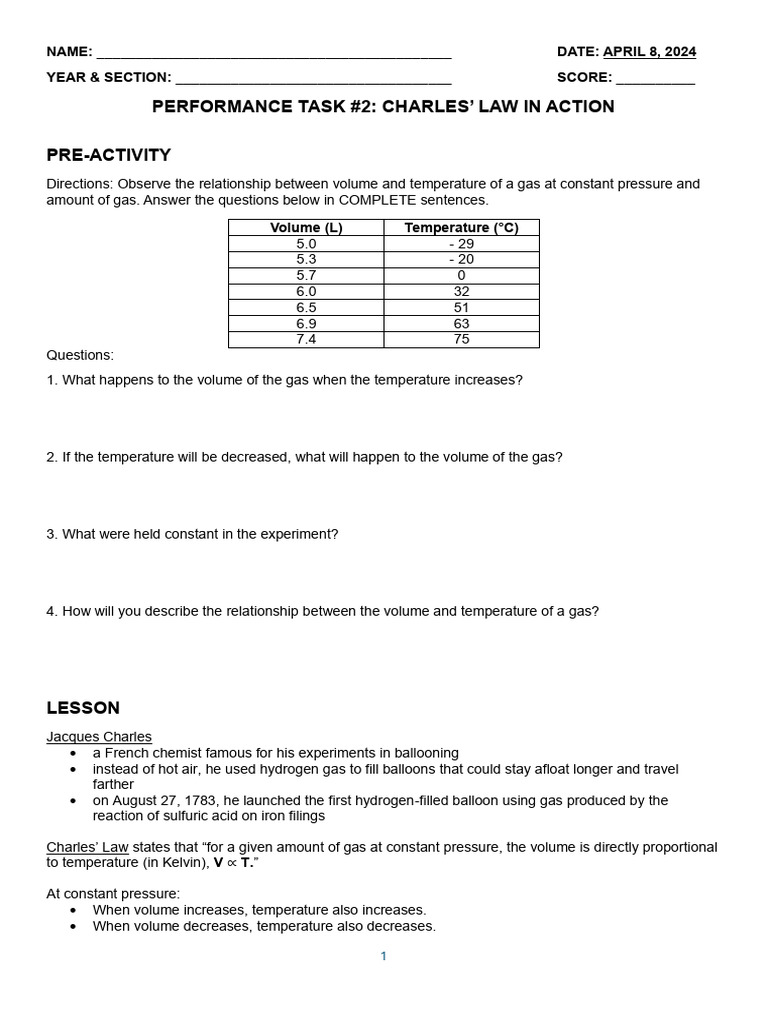 Charles' Law: Volume-Temperature Relationship | PDF | Gases | Temperature
