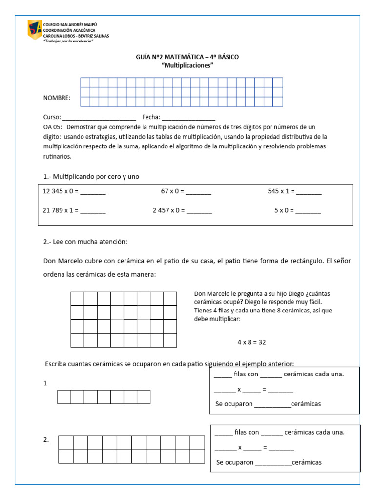 4to Básico 2024 Matemática Guía 2 Multiplicaciones | PDF ...