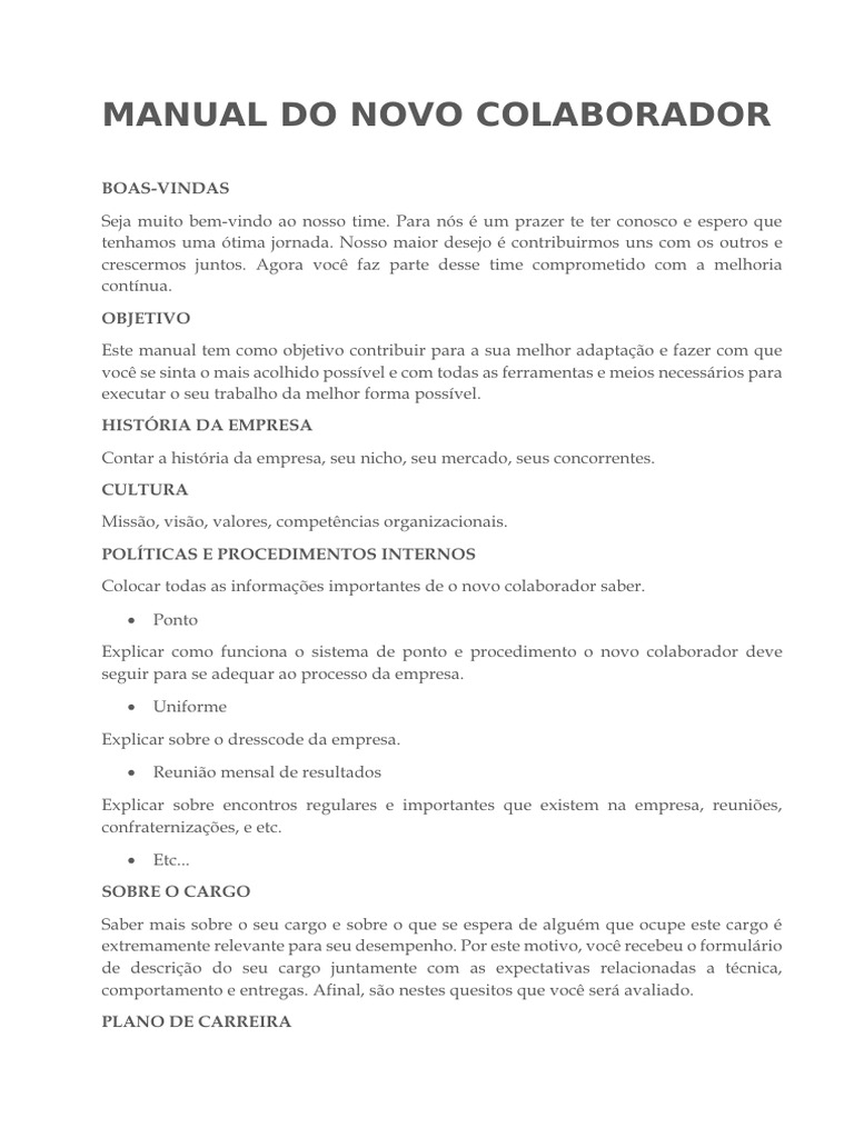 Manual Novos Colaboradores - Modelo | PDF