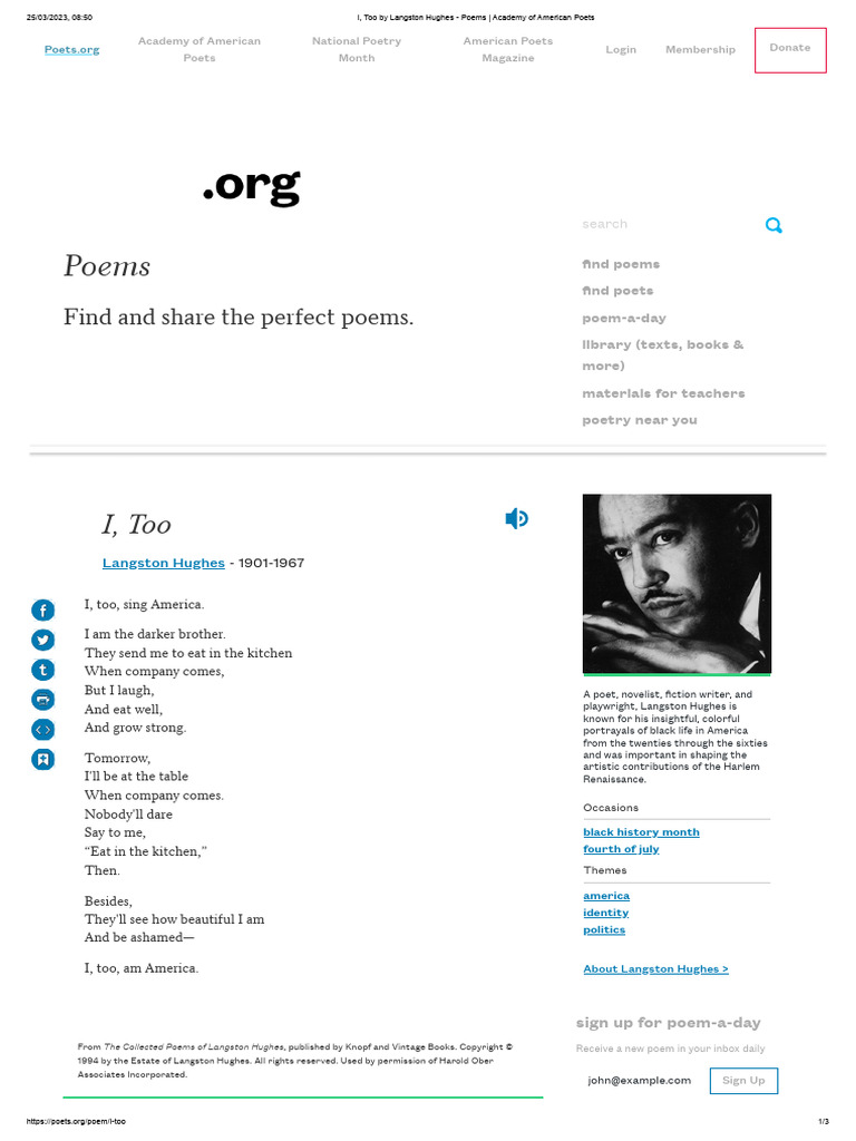 I Too by Langston Hughes | PDF | Poetry