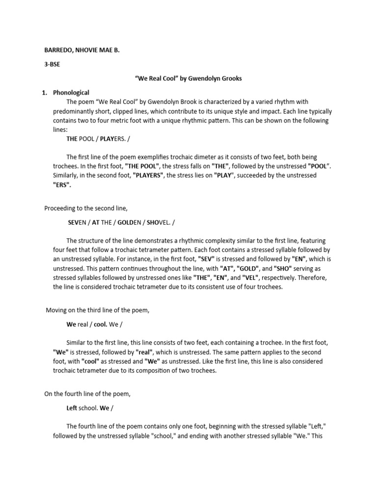 Phonological Analysis of "We Real Cool" | PDF | Metre (Poetry) | Poetry